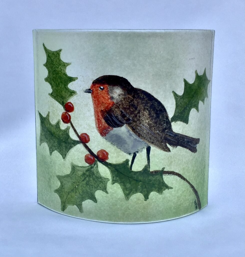 Festive glass art panel with robin on holly design - Glass by Wendy